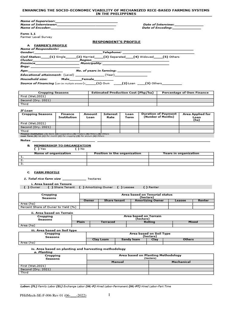 PHilMech SE F 006 Farmer Questionnaire Impact | PDF | Agriculture | Plough
