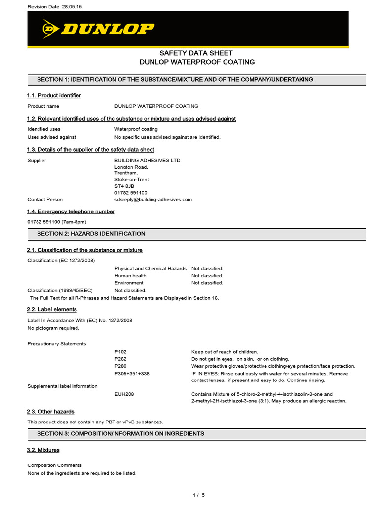 Dunlop Waterproof Coating Safety Data | PDF | Toxicity | Personal ...