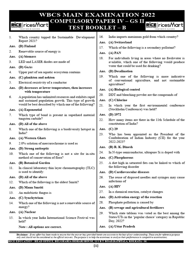 WBCS Main 2022 GS II Answer Key | PDF | Carbon Dioxide | Water