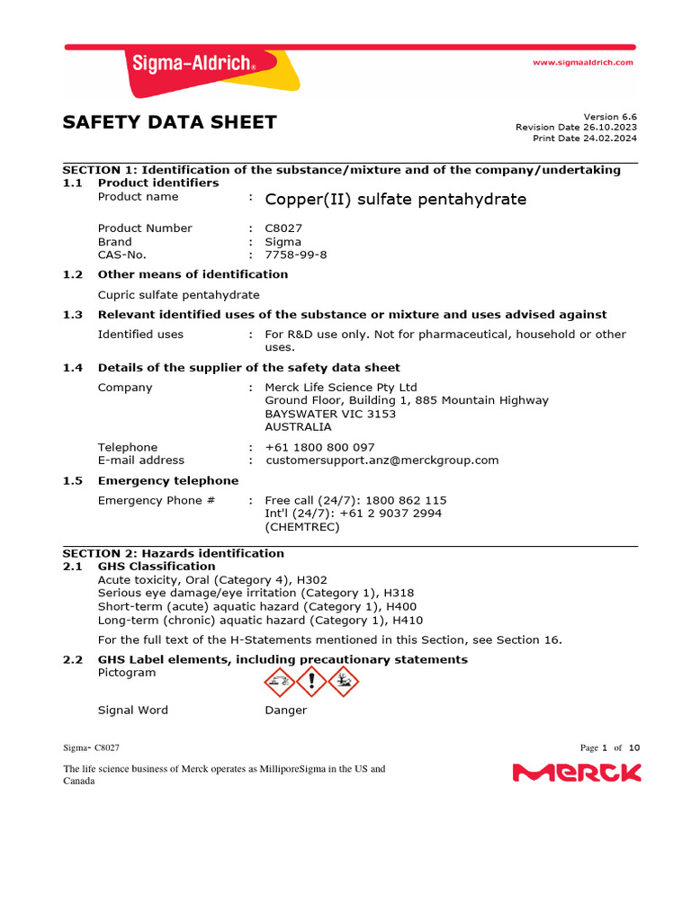 Copper(II) Sulfate Pentahydrate SDS | PDF | Dangerous Goods | Toxicity