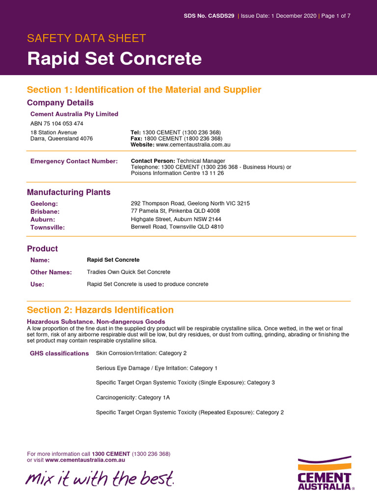 Rapid Set Concrete Safety Data Sheet | PDF | Respiratory Diseases | Cough