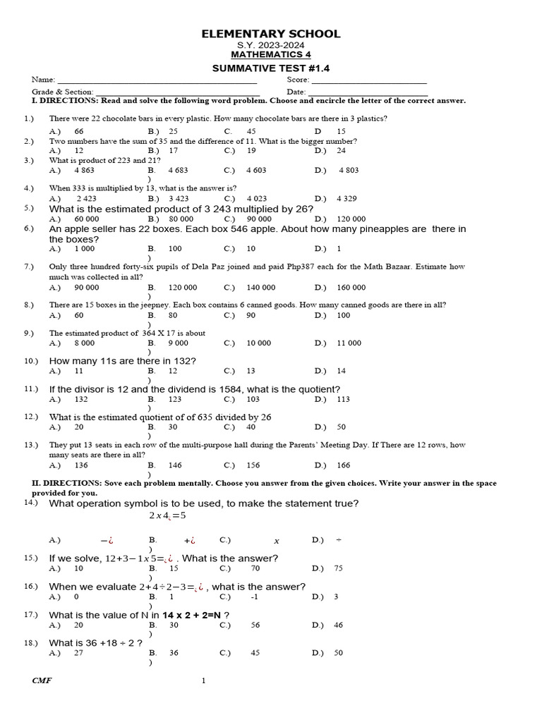 MATH ST-4 Q1-Up | PDF | Division (Mathematics) | Elementary Mathematics