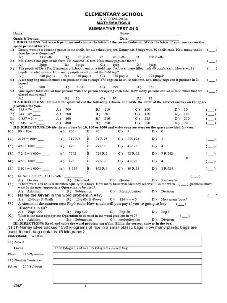 MATH ST-3 Q1-Upload | PDF | Division (Mathematics) | Arithmetic