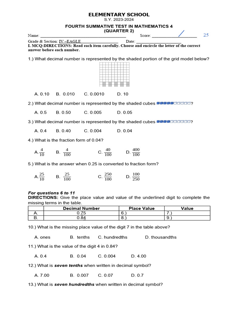 MATH 4 - Q2 ST4 Up | PDF | Numbers | Decimal