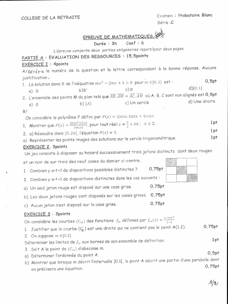 Mathematiques College de La Retraite Premiere C Probatoire Blanc 2020 Cameroun 1 | PDF
