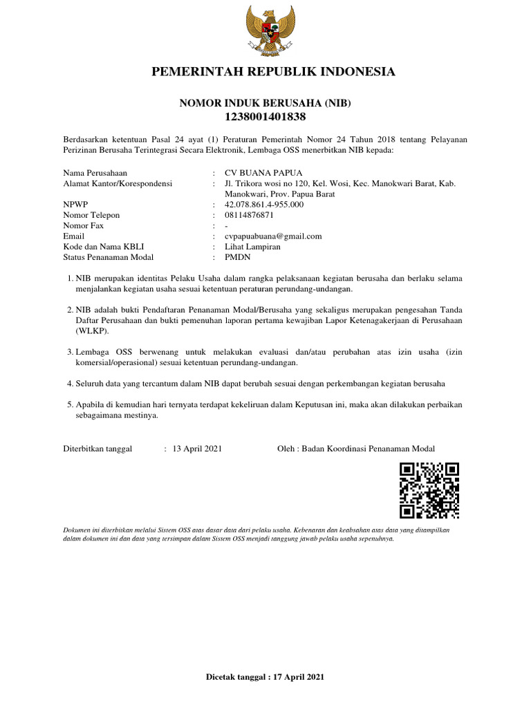 NIB CV Buana Papua | PDF