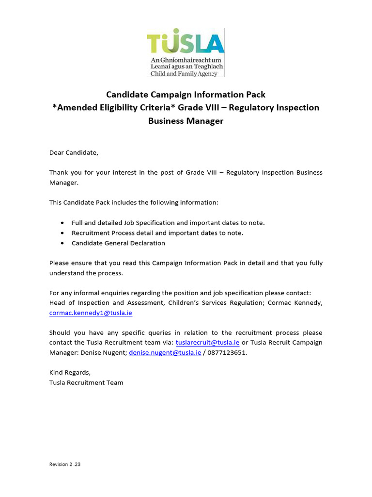 Grade VIII Regulatory Inspection Business Manager Candidate Information ...