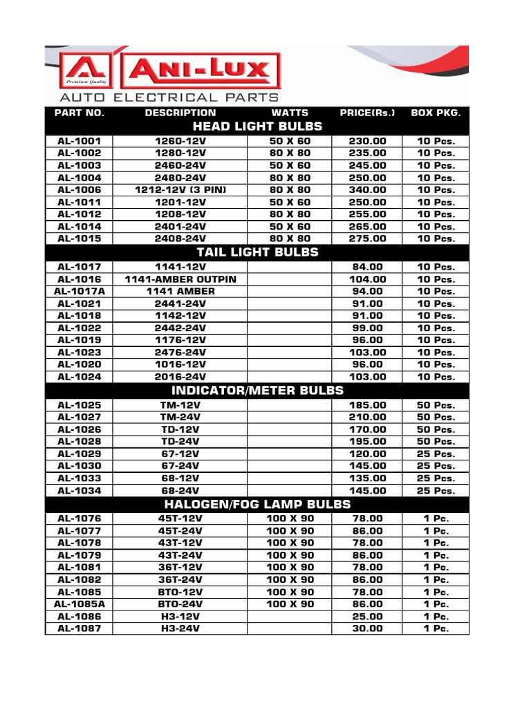 anilux BULB LIST 01.02.2022 anilex | PDF