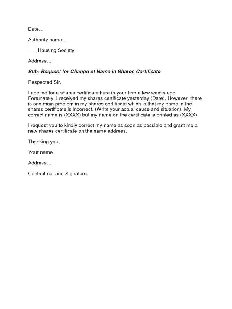 Request for Share Certificate Name Change | PDF