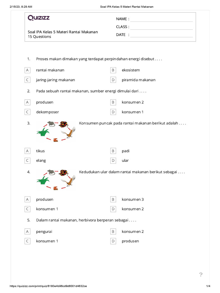 Soal IPA Kelas 5 Materi Rantai Makanan | PDF