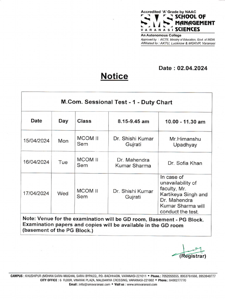 Notice - M.com Test - 1 Duty Chart | PDF