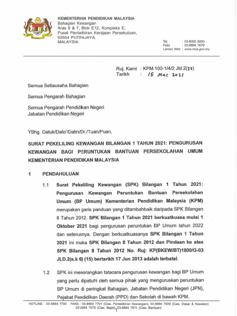 SPK 1 Tahun 2021 Surat Pekeliling Kewangan Bilangan 1 Tahun 2021 | PDF