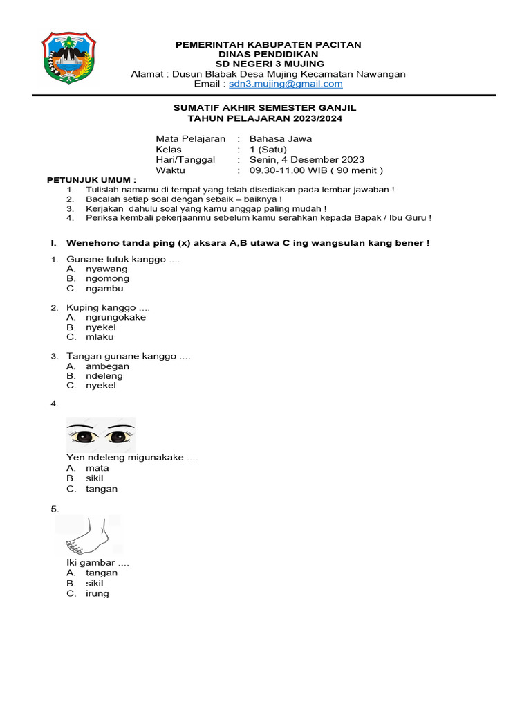 Soal Sas Semester 1 Bahasa Jawa Kelas 1 | PDF