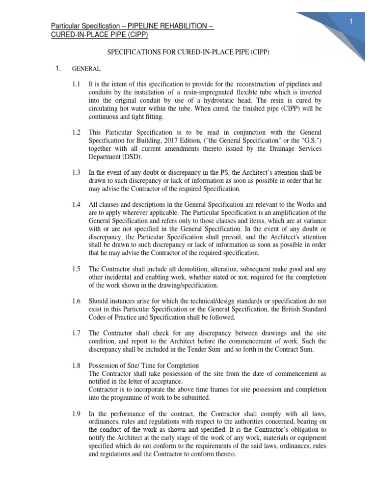 Specifications For Pipeline Rehabilition - Cured-in-Place Pipe - YEUNGS | PDF | Specification ...