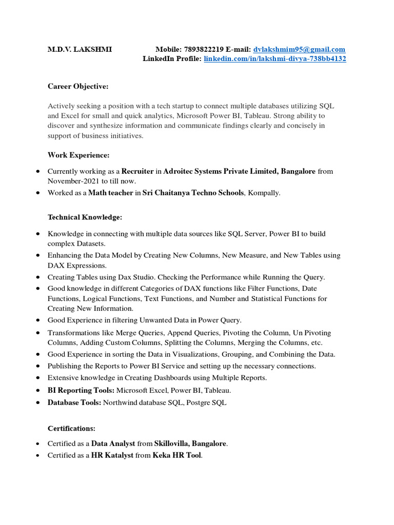 M.D.V.Lakshmi Resume | PDF | Databases | Sql