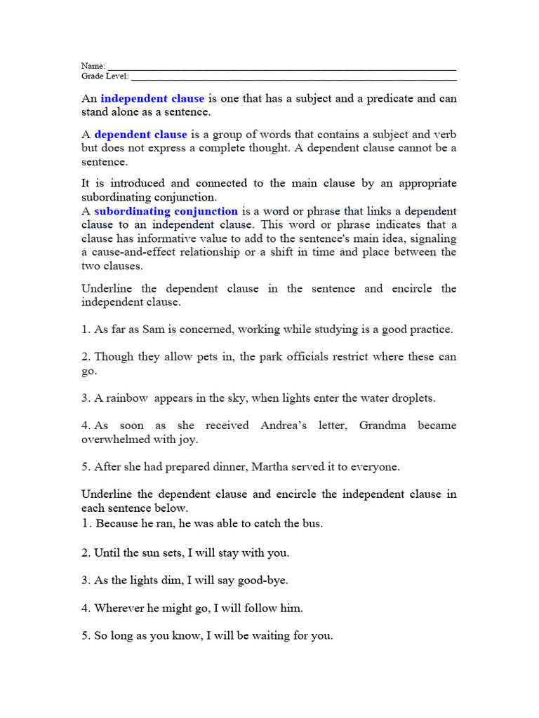 Independent Clause Worksheet | PDF