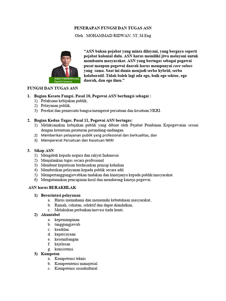 Resume Penerapan Fungsi Dan Tugas Asn | PDF