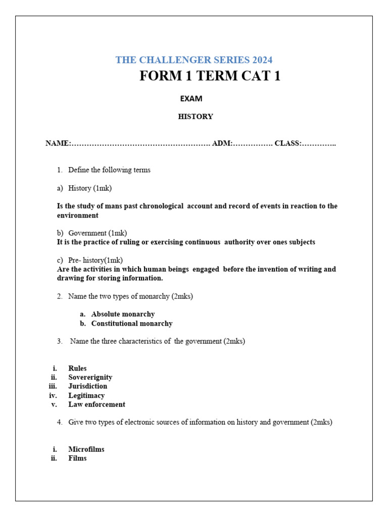 Set1 Hist Cat 2 Marking Schemes MidTerm 1 2021 Teacher - Co - .Ke F1 Exam | PDF | Ape | East Africa