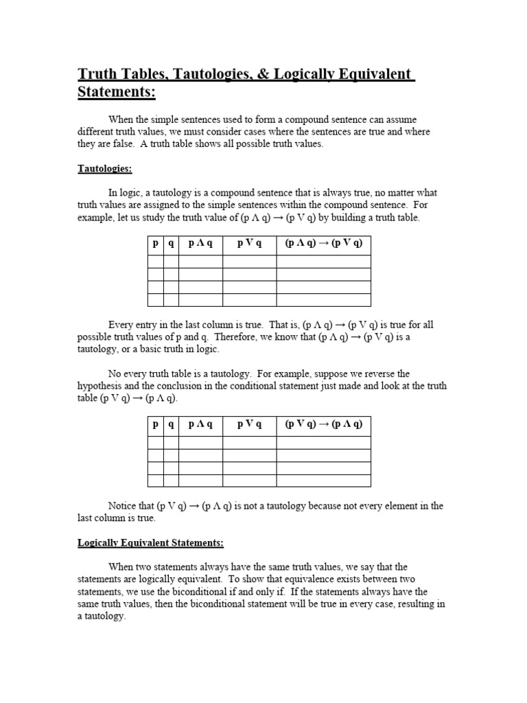 Truth Tables Tautologies&Logicall Equivalent Statements | PDF | If And Only If | Truth