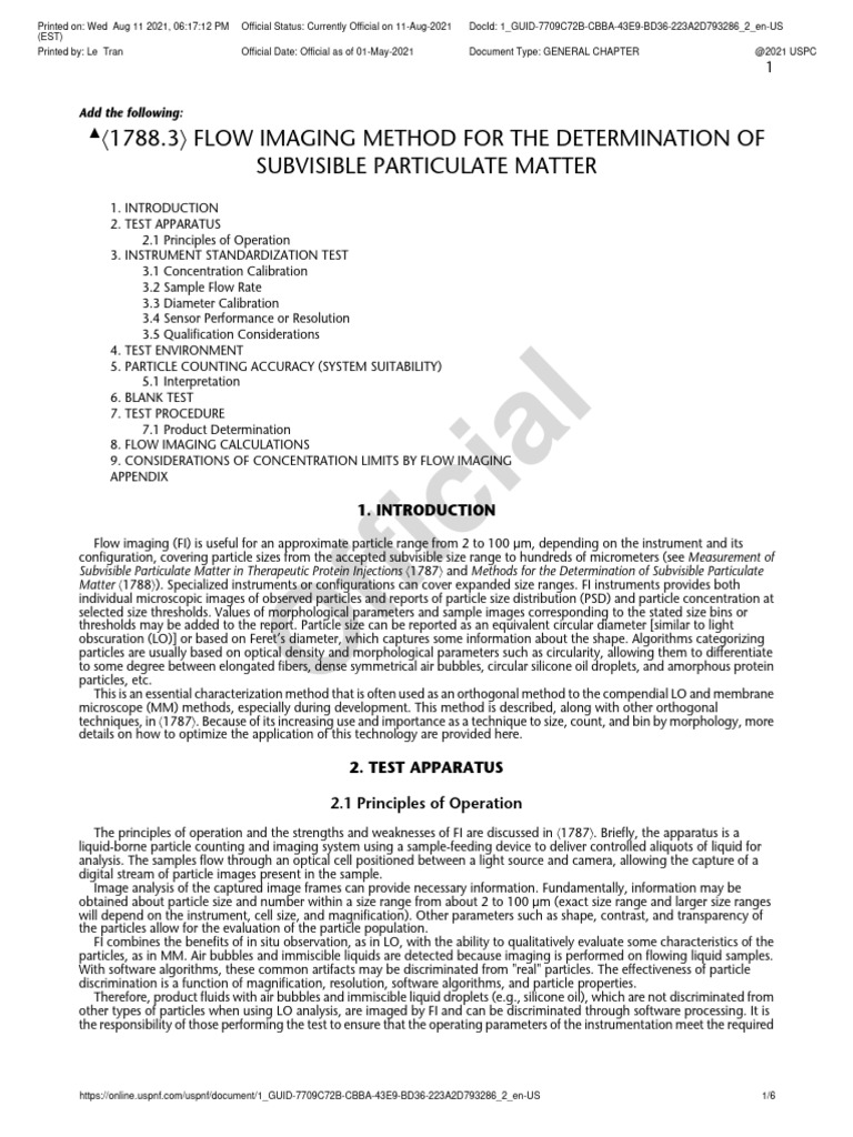 〈1788.3〉 FLOW IMAGING METHOD FOR THE DETERMINATION OF SUBVISIBLE PARTICULATE MATTER | PDF ...