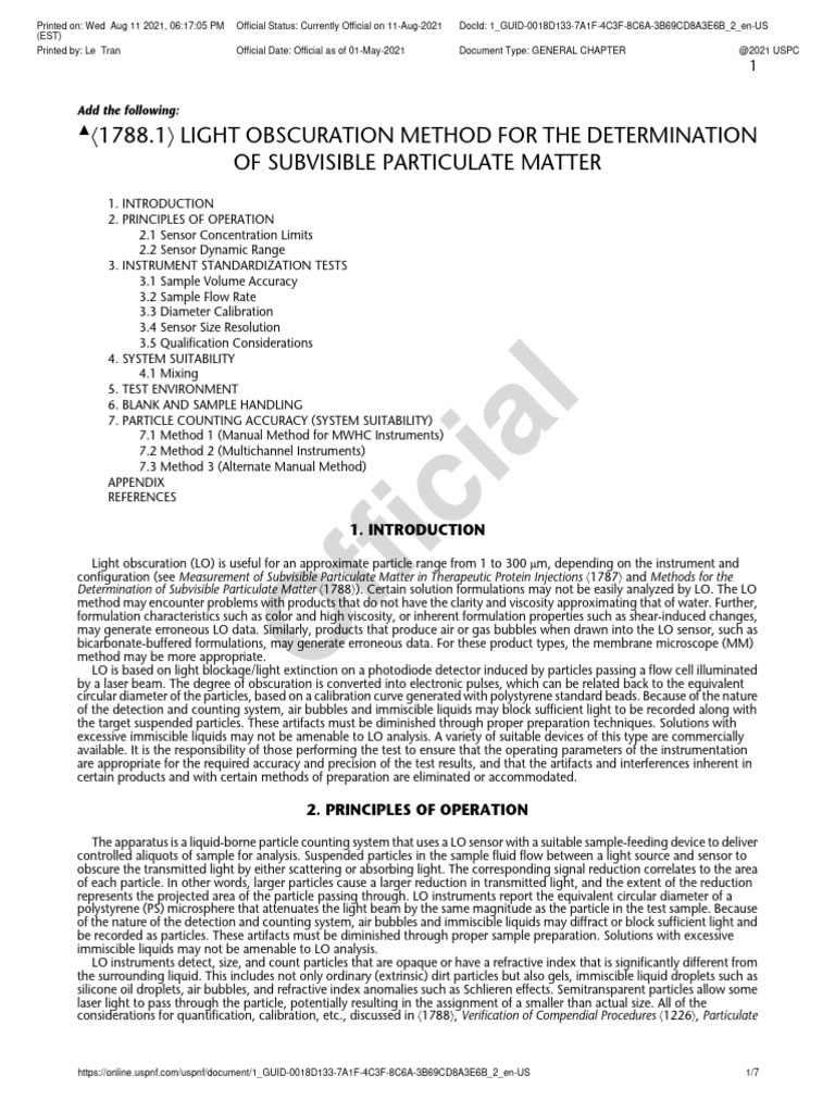 〈1788.1〉 LIGHT OBSCURATION METHOD FOR THE DETERMINATION OF SUBVISIBLE PARTICULATE MATTER | PDF ...