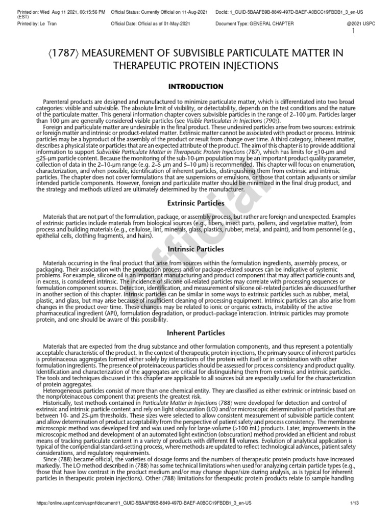 〈1787〉 MEASUREMENT OF SUBVISIBLE PARTICULATE MATTER IN THERAPEUTIC ...