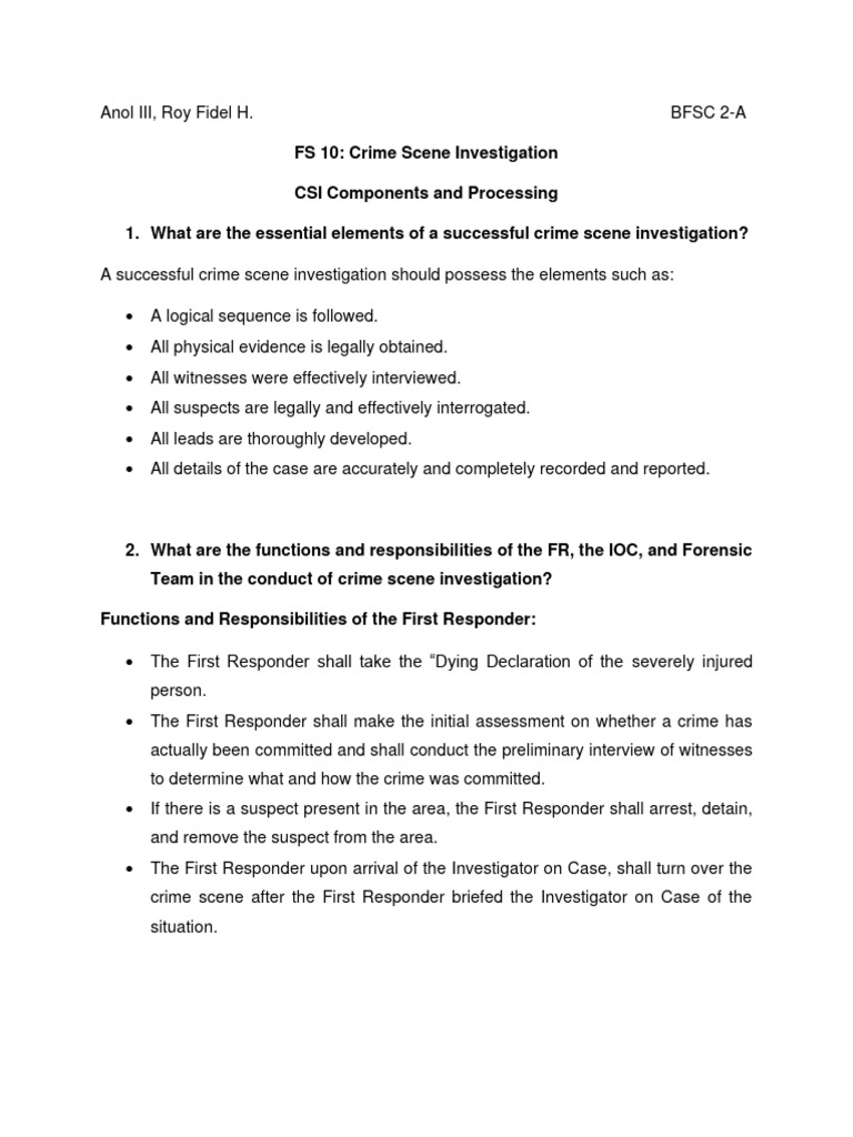 CSI Components and Processing - Anol III, Roy Fidel H. - BFSC 2-A | PDF | Crime Scene | Forensic ...