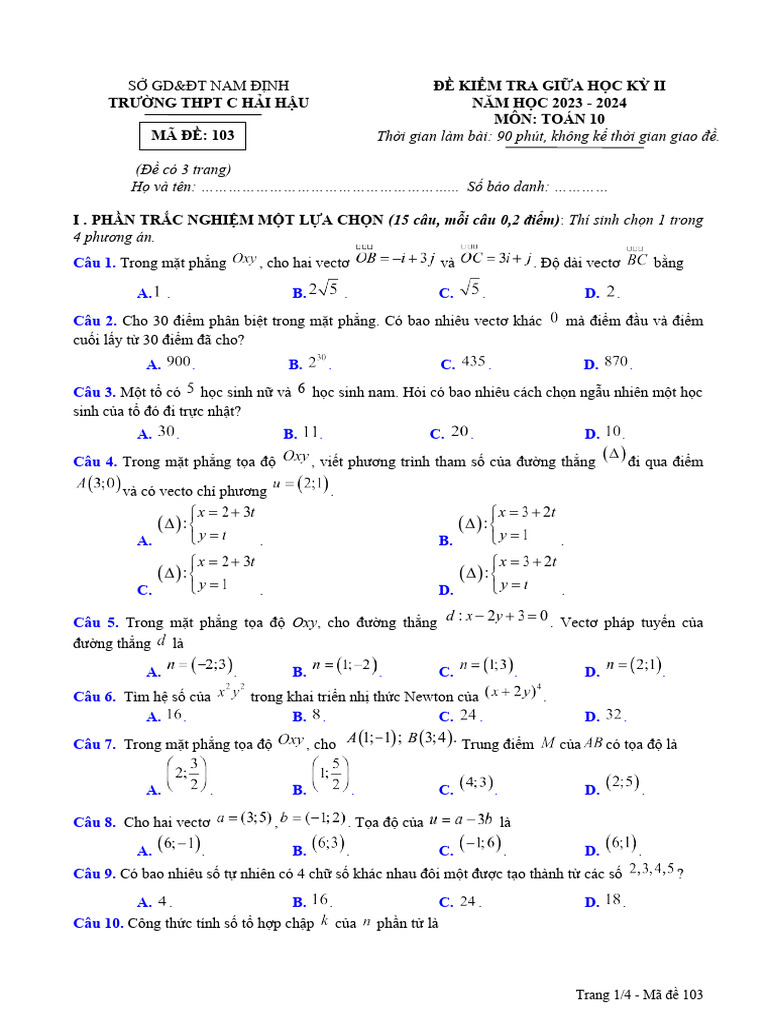 De Giua Hoc Ky 2 Toan 10 Nam 2023 2024 Truong THPT C Hai Hau Nam Dinh | PDF