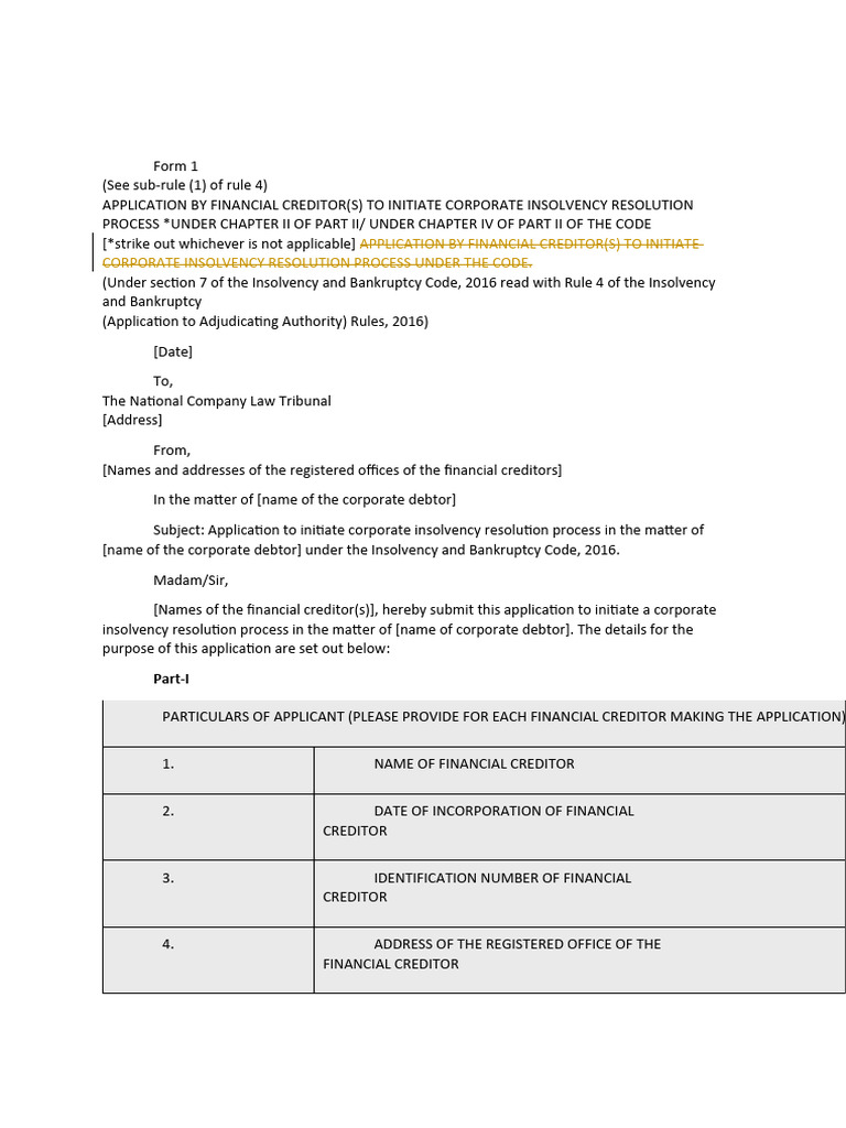 IBC CIRP Application | Download Free PDF | Bankruptcy | Personal Finance
