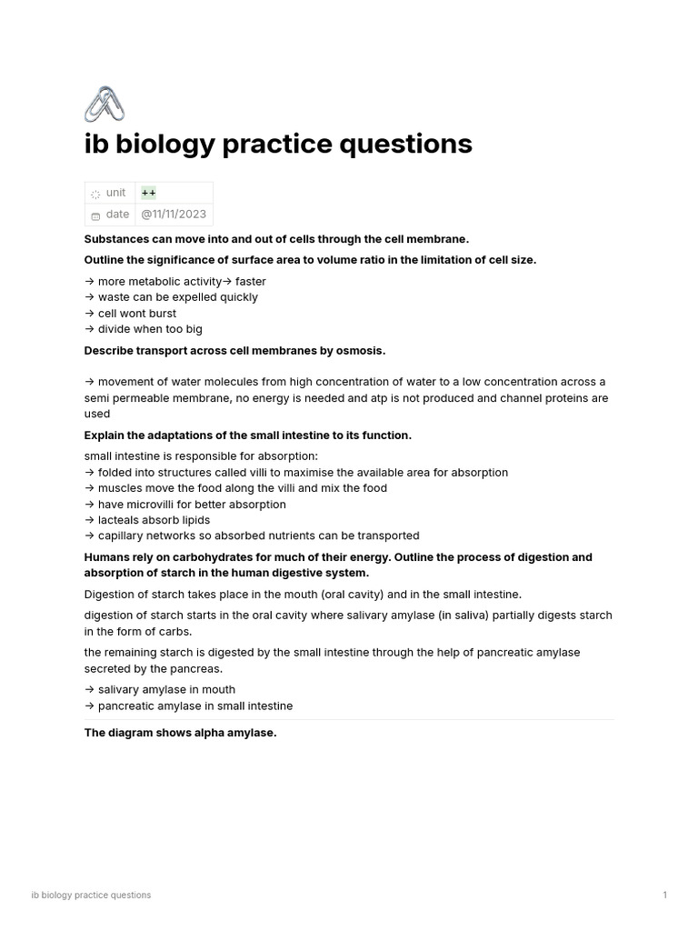 IB Biology Practice Questions Guide | PDF | Digestion | Neurotransmitter