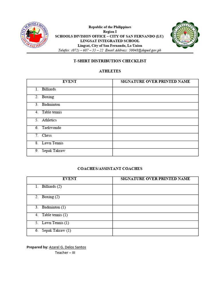Tshirt distribution list template | PDF