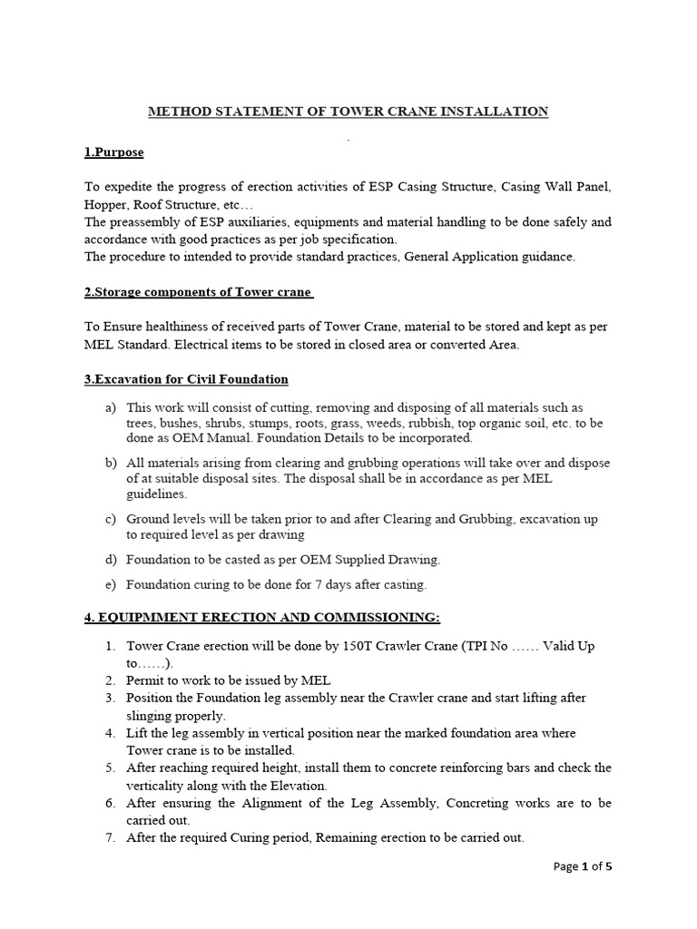 Method Statement of Tower Crane Erection | PDF | Crane (Machine) | Personal Protective Equipment