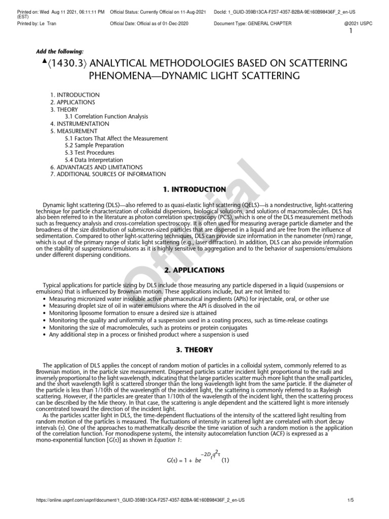 〈1430.3〉 Analytical Methodologies Based on Scattering Phenomena-Dynamic Light Scattering | PDF ...