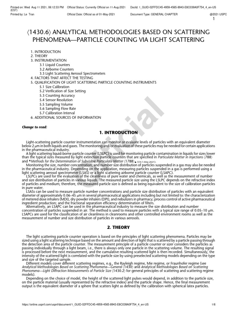 〈1430.6〉 Analytical Methodologies Based on Scattering Phenomena—Particle Counting via Light ...