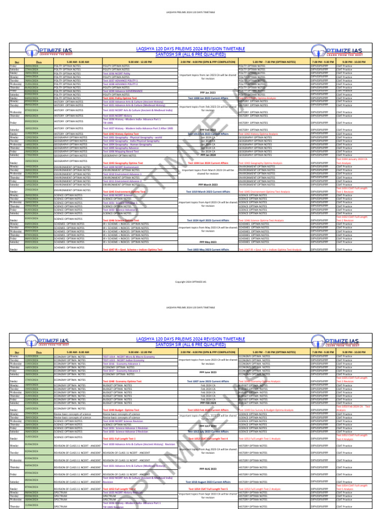 Laqshya 2024 - 120 Days Timetable - Final | PDF | Geography | Natural ...