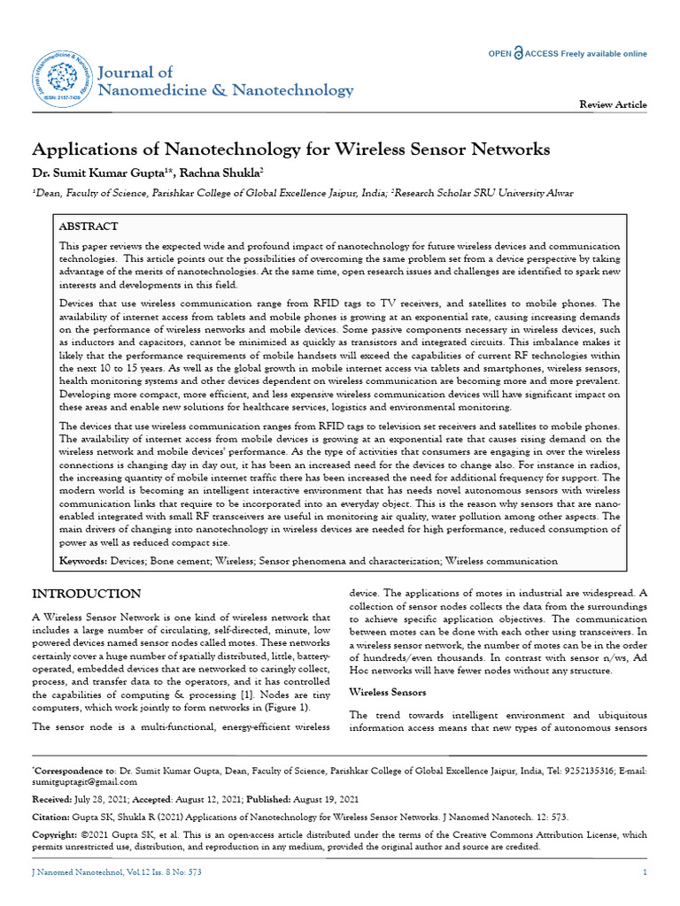 Applications of Nanotechnology For Wireless Sensor Networks | PDF | Wireless Sensor Network ...