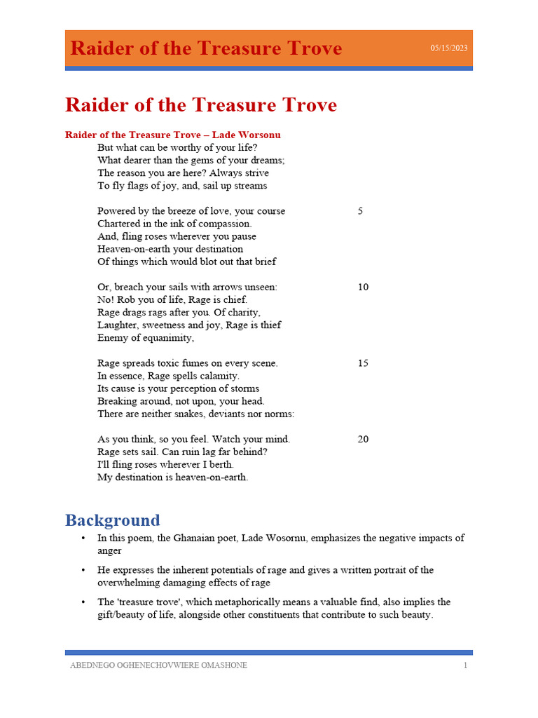 Analysis of Raider of The Treasure Trove - Summarized | PDF | Poetry