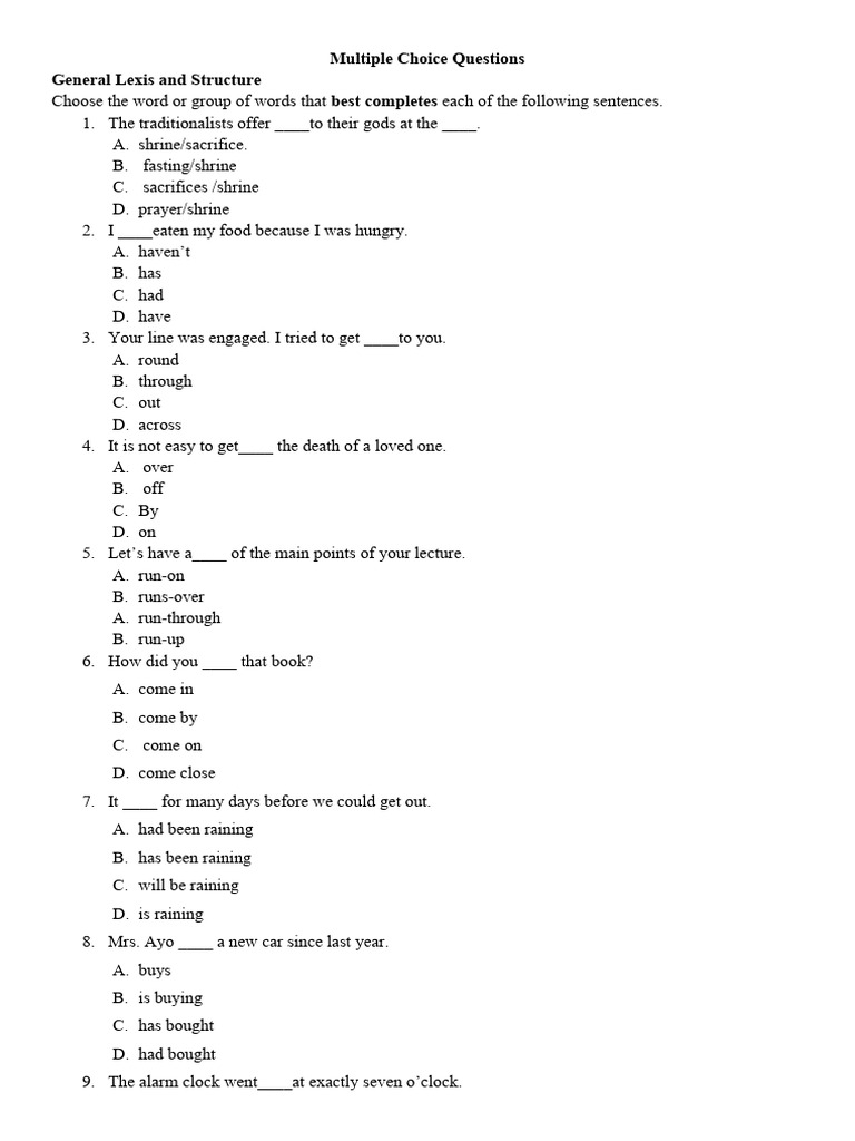 Multiple Choice Questions - Lexis and Structure | PDF | Stress ...