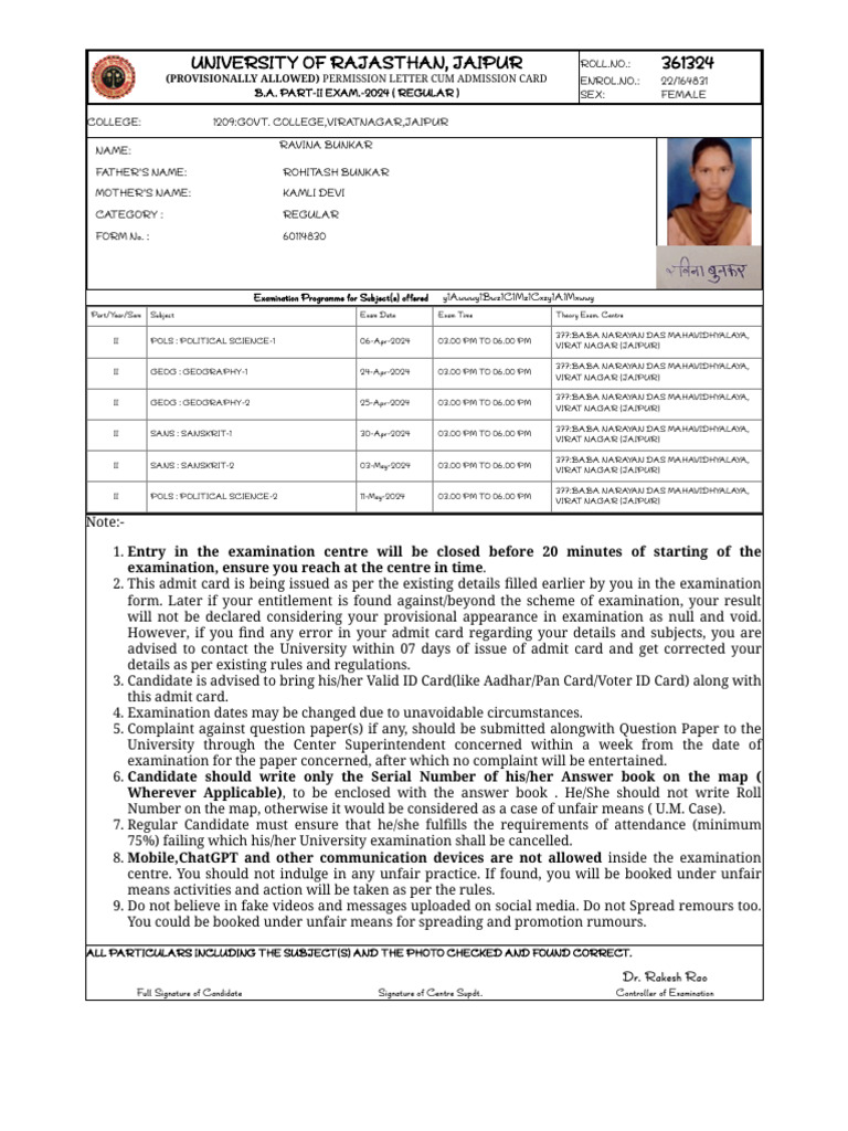 Ravina Admit | Download Free PDF | Identity Document