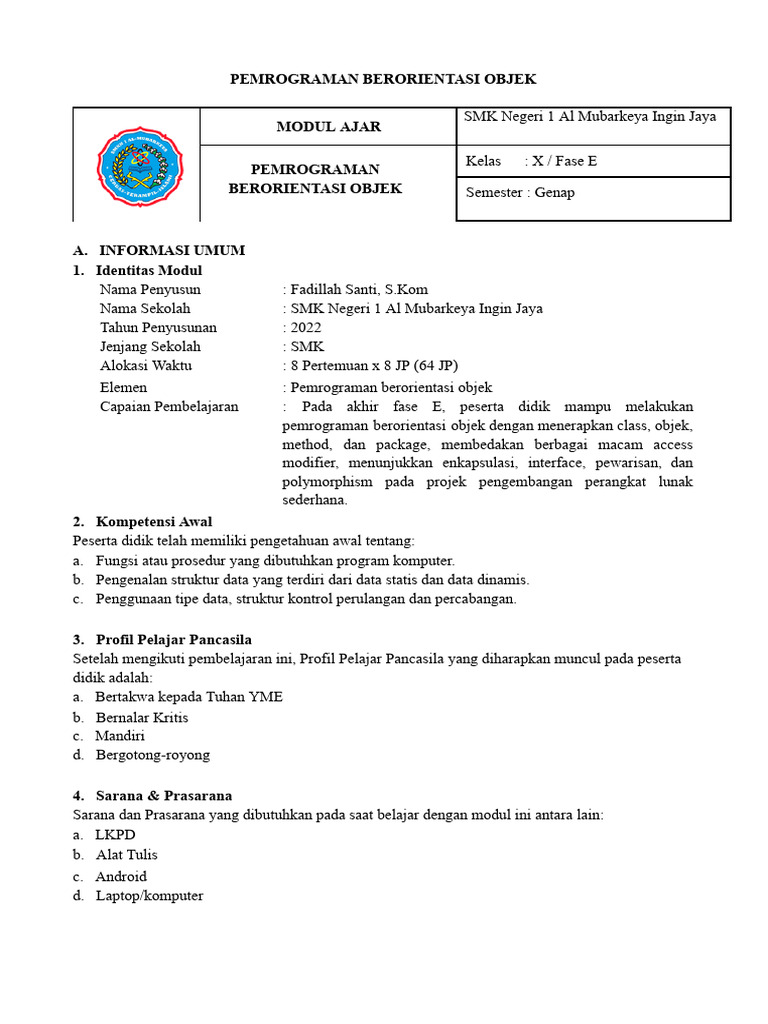 Modul Pemrograman Berorientasi Objek | PDF