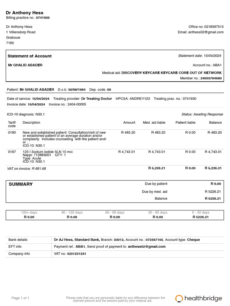 Medical Billing Statement | PDF | Health Care
