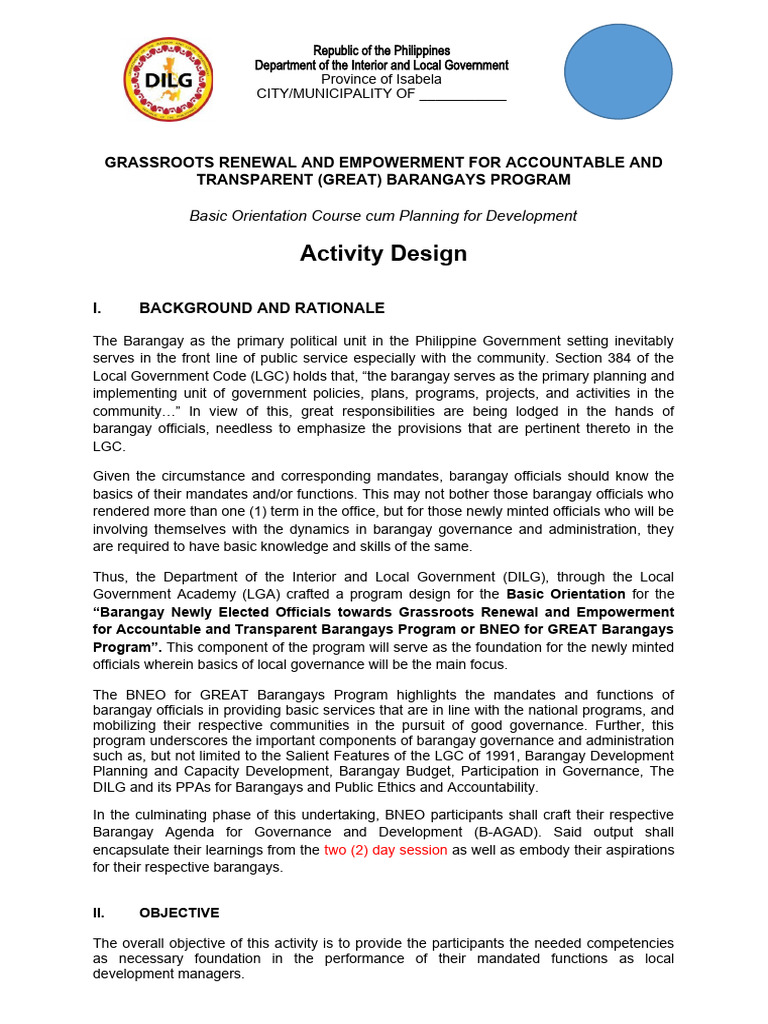 Final - C3 - BNEO GREAT - Basic Orientation Activity Design | PDF ...