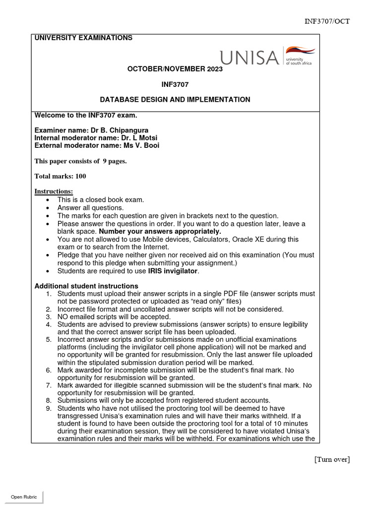 INF3707 Examination | PDF | Table (Database) | Database Index