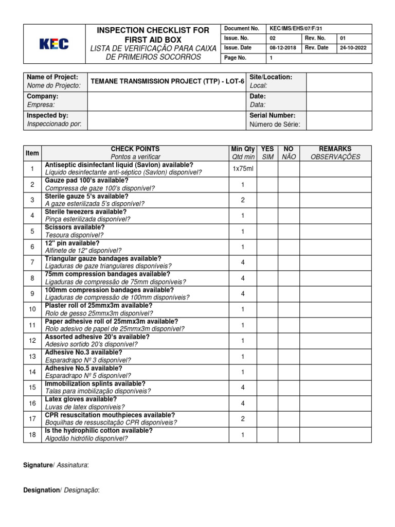 Checklist For First Aid Box | PDF
