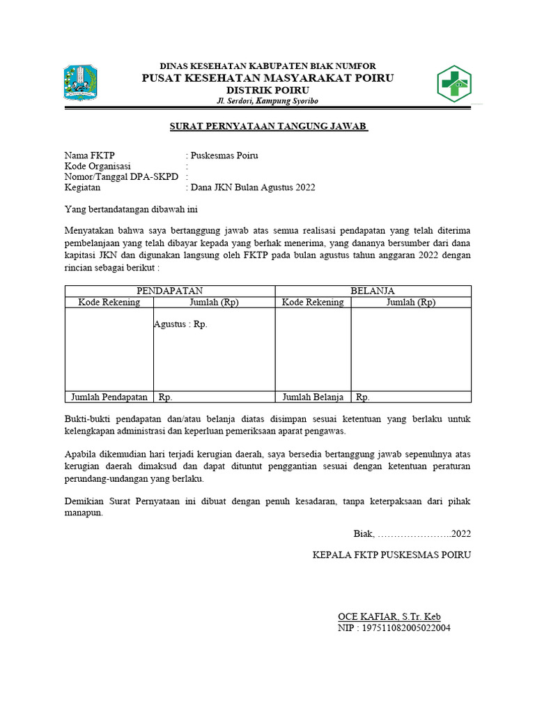 Surat Pernyataan Realisasi JKN Bulan Agustus-Desember Tahun 2022 | PDF