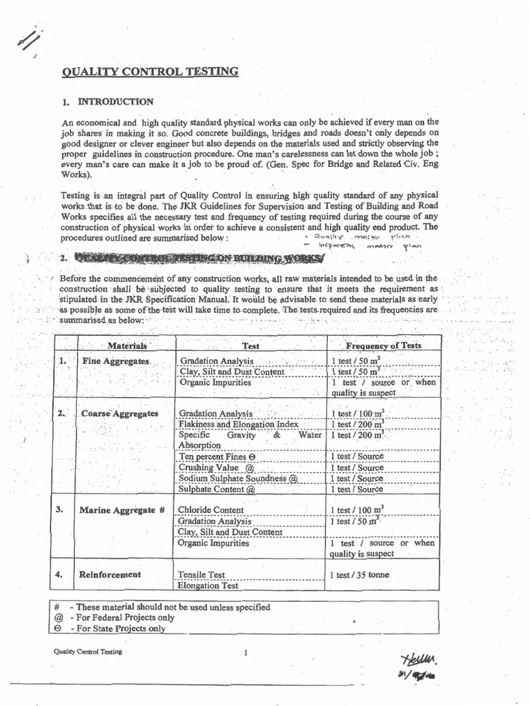 JKR Quality Control Testing Frequency | PDF | Materials | Building ...