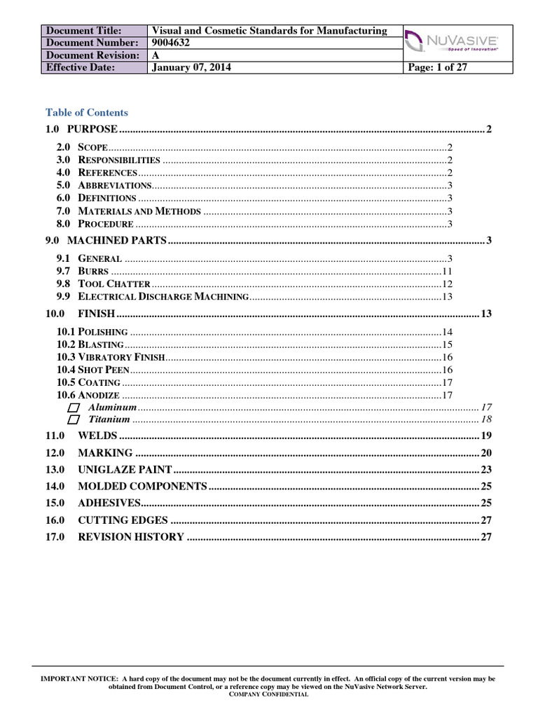 A NuVasive Visual and Cosmetic Standards For Manufacturing | PDF ...