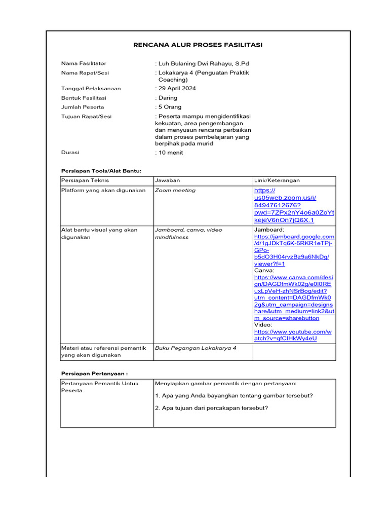 Rencana Lokakarya Coaching Daring | PDF