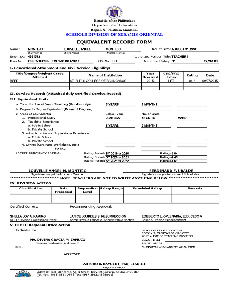 Teacher Equivalent Record Form | PDF