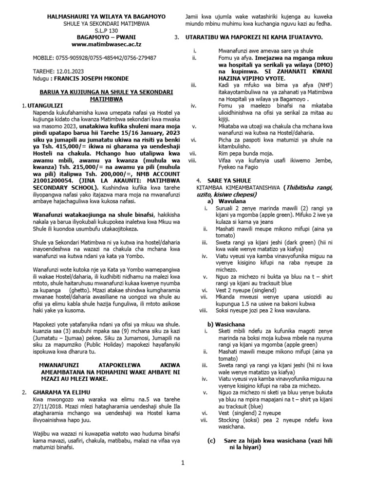 Joining Instruction Matimbwa Sec 2023.docx Chombo 2023 | PDF